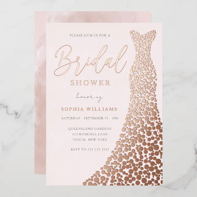 Blush & Rose Gold Gown Bridal Shower Foil Invitation | Zazzle