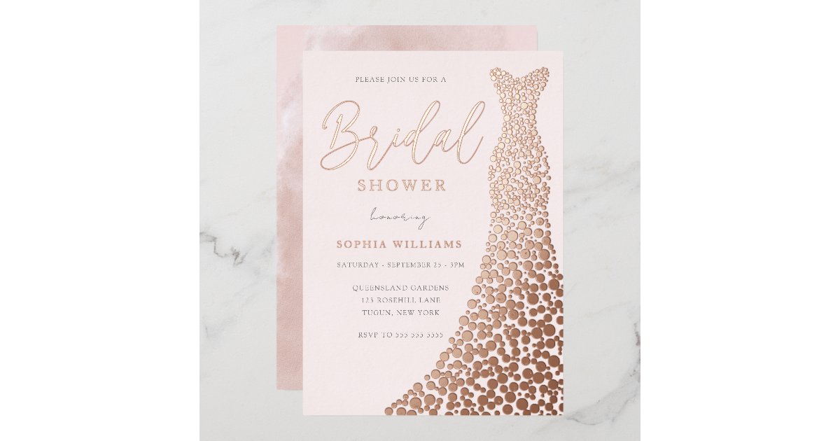 Blush & Rose Gold Gown Bridal Shower Foil Invitation | Zazzle