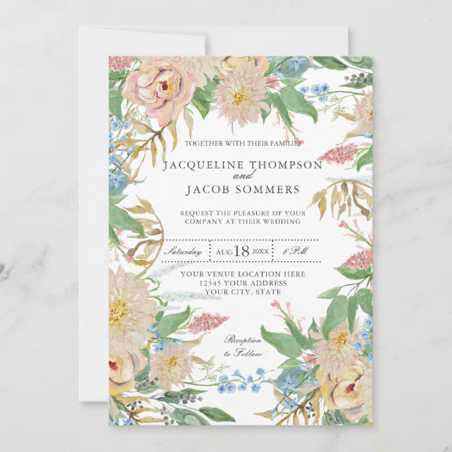 Blush Rose Mums Gold Foliage Floral Watercolor Art Invitation | Zazzle