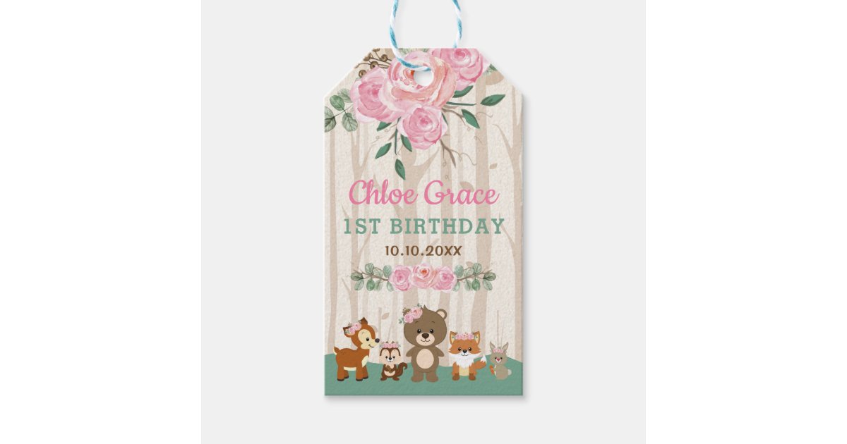 Blush Rose Woodland Forest Animals Birthday Shower Gift Tags | Zazzle