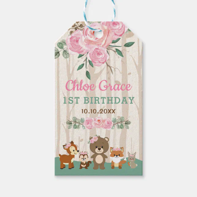 Blush Rose Woodland Forest Animals Birthday Shower Gift Tags | Zazzle