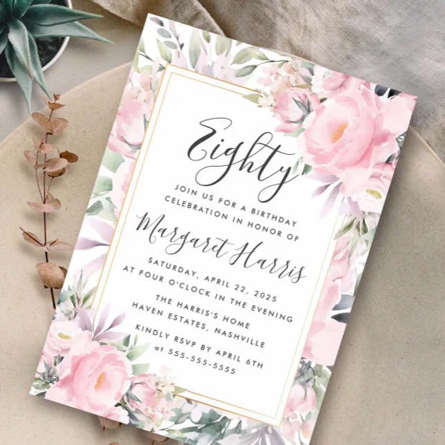 Blush Roses Floral Gold Frame 80th Eighty Birthday Invitation | Zazzle