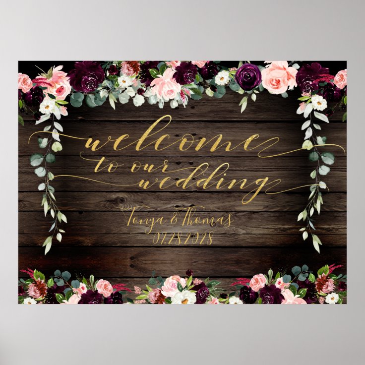 Blush Rustic Wood Gold Fancy Calligraphy Welcome Poster | Zazzle
