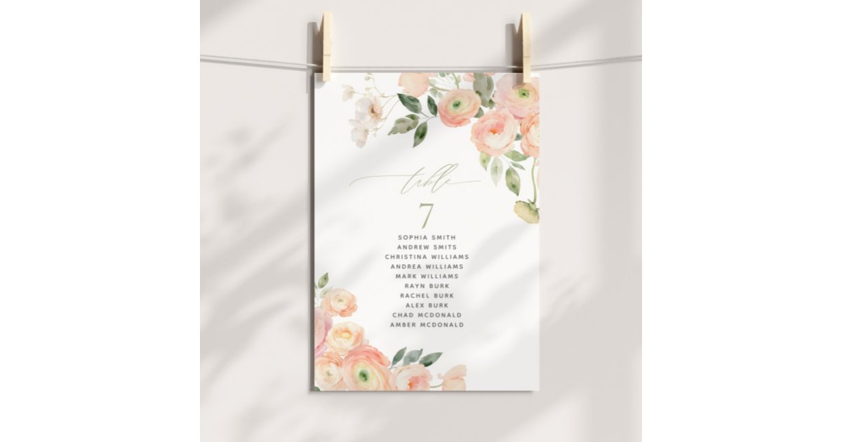 Blush & Sage Green Table Number Seating Chart | Zazzle