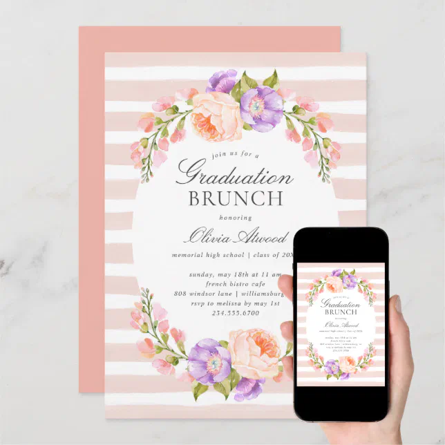 Blush Stripe and Bloom Graduation Brunch Invitation | Zazzle
