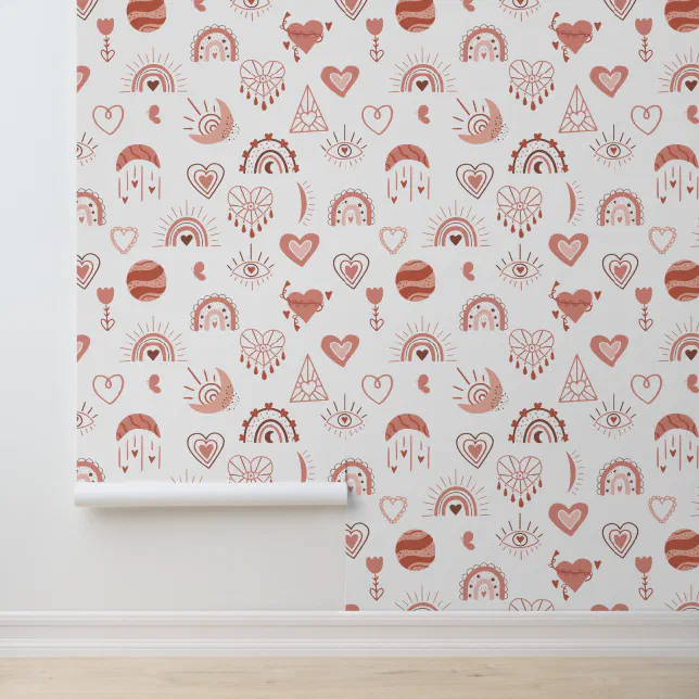 Blush | Terracotta Boho Heart Themed Pattern Wallpaper | Zazzle