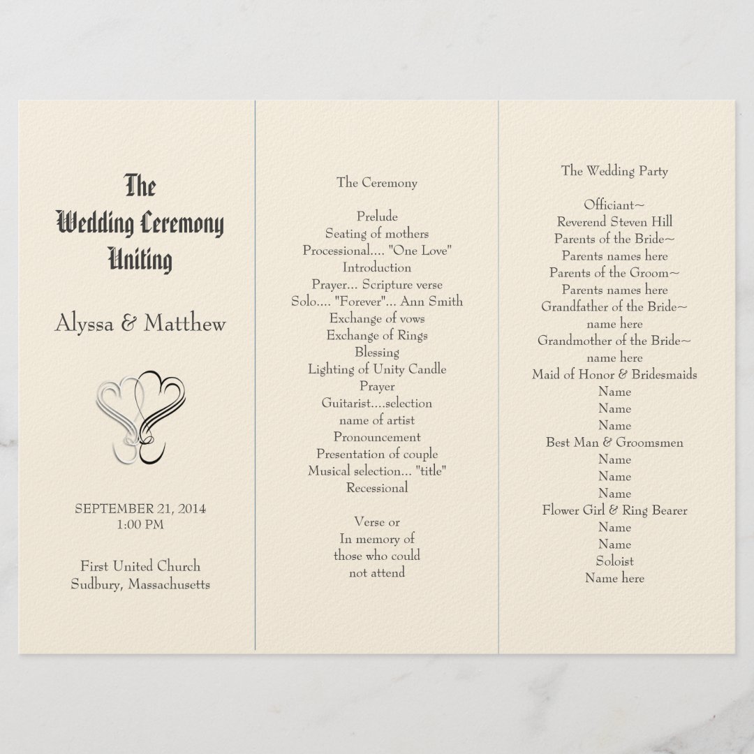 Blush Tri-Fold Two Hearts Wedding Program Template | Zazzle