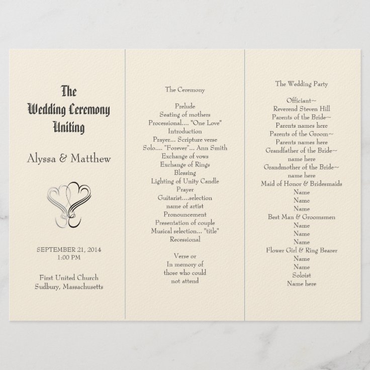 Blush Tri-Fold Two Hearts Wedding Program Template | Zazzle
