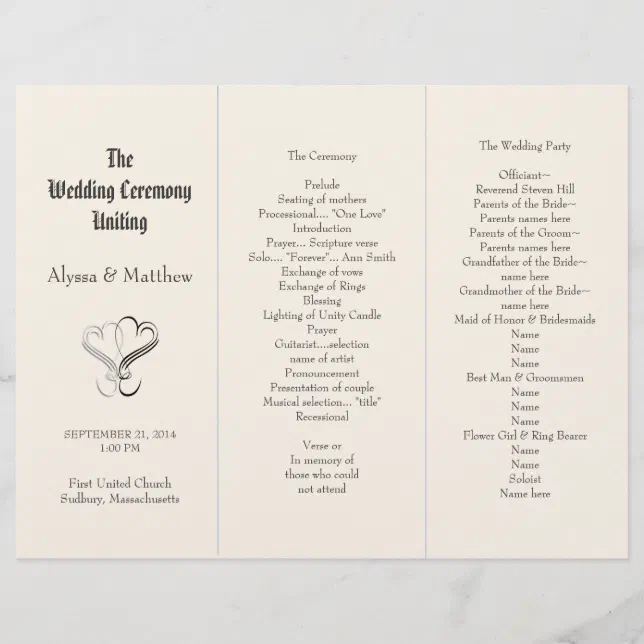 Blush Tri-Fold Two Hearts Wedding Program Template | Zazzle