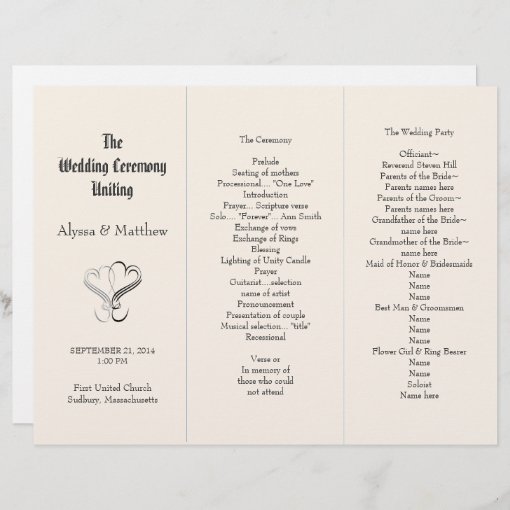 Blush Tri-Fold Two Hearts Wedding Program Template | Zazzle
