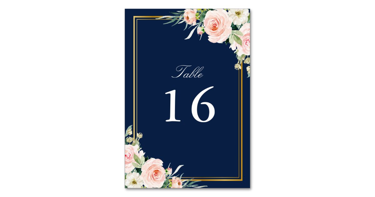 blush watercolor floral gold frame wedding table number | Zazzle
