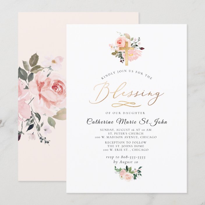 Blush Watercolor Flowers Faux Gold Blessing Invitation | Zazzle.com