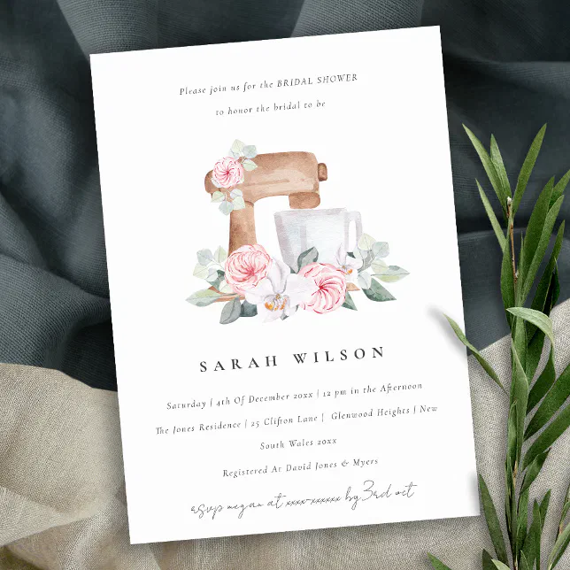 Blush Watercolor Mixer Floral Recipe Bridal Shower Invitation | Zazzle