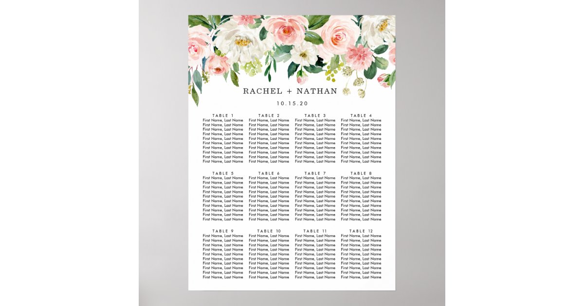 Blush White Bloom Floral Wedding Seating Chart | Zazzle