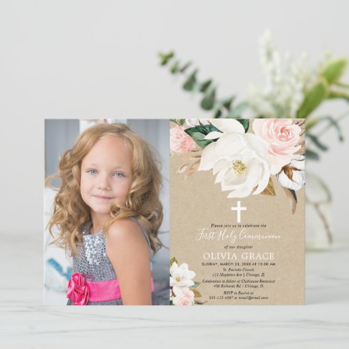 Blush white floral rustic girl first communion invitation | Zazzle