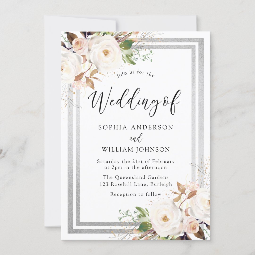 Blush White Flowers Silver Border Elegant Wedding Invitation | Zazzle