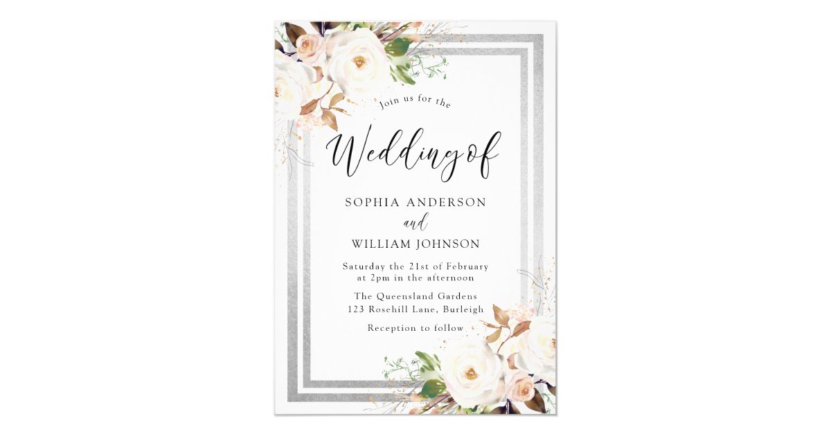 Blush White Flowers Silver Border Elegant Wedding Invitation | Zazzle.com