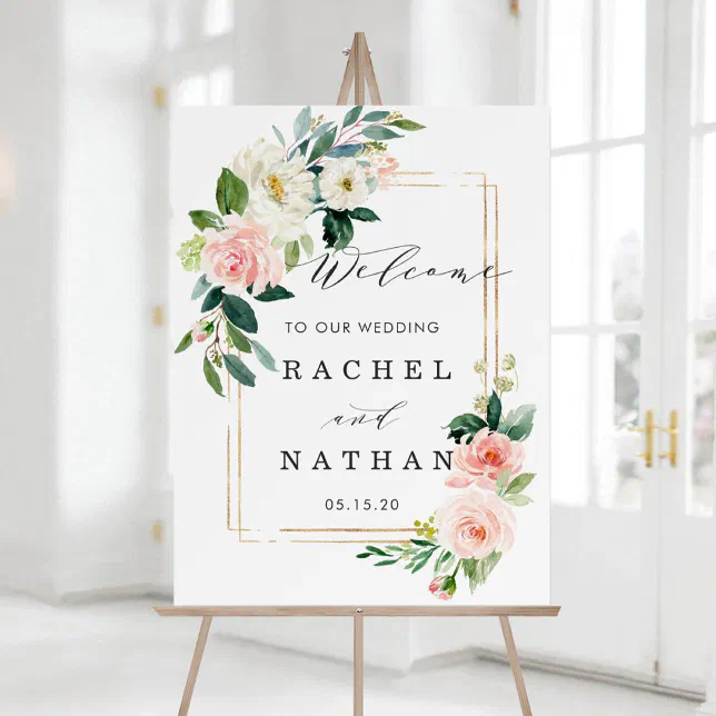 Blush White Gold Frame Floral Wedding Welcome Sign | Zazzle