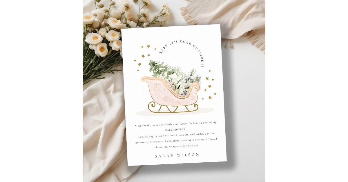 Blush Winter Sleigh Its Cold Outside Baby Shower Thank You Card | Zazzle