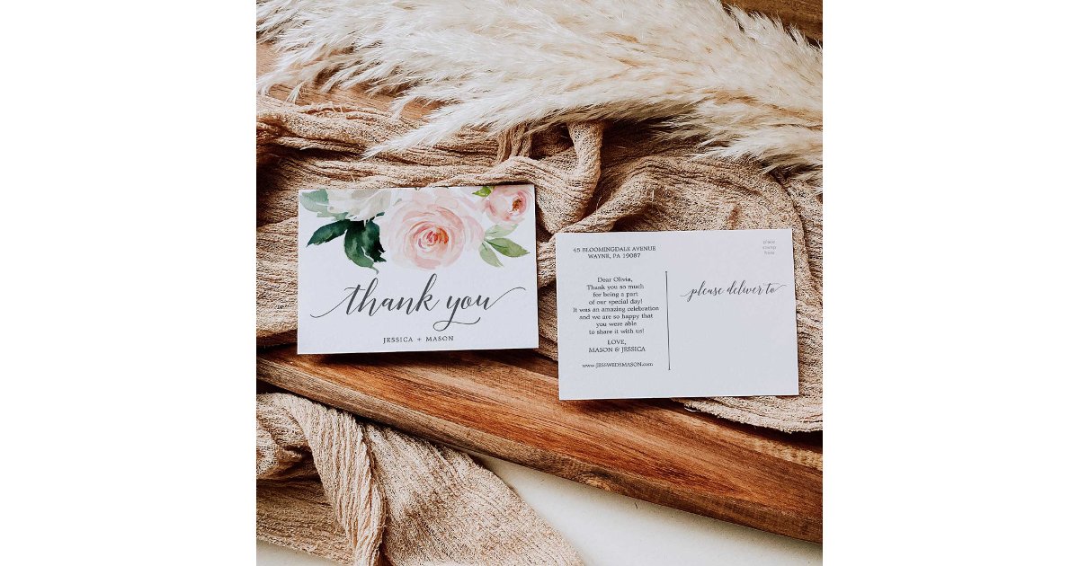 Blushing Blooms Floral Thank You Postcard | Zazzle