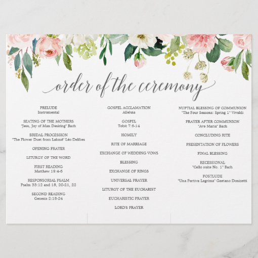 Blushing Blooms Tri-Fold Wedding Program Flyer | Zazzle