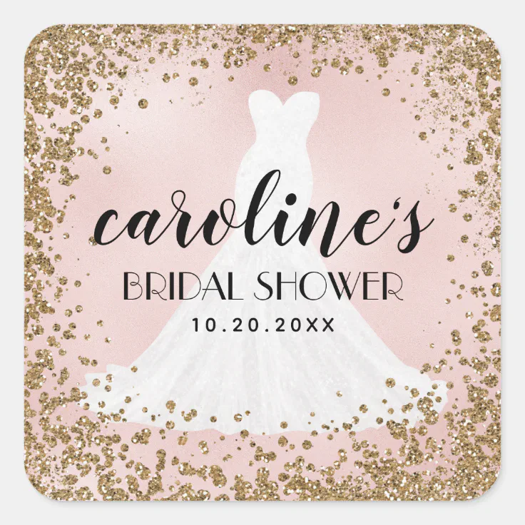 Blushing Glitter Bride Dress Bridal Shower Favor Square Sticker | Zazzle