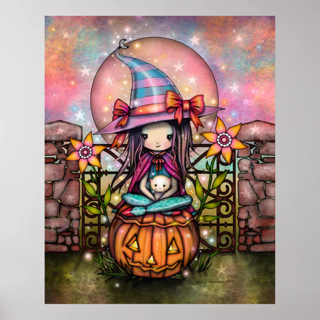Blushing Moon Cute Witch with Cat Art Poster | Zazzle