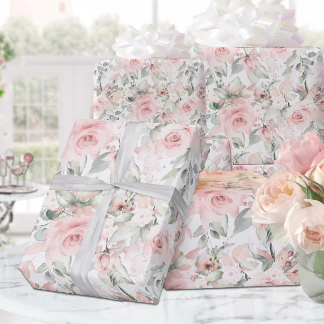 Blushing Roses Blush Pink On White Wedding Wrapping Paper | Zazzle