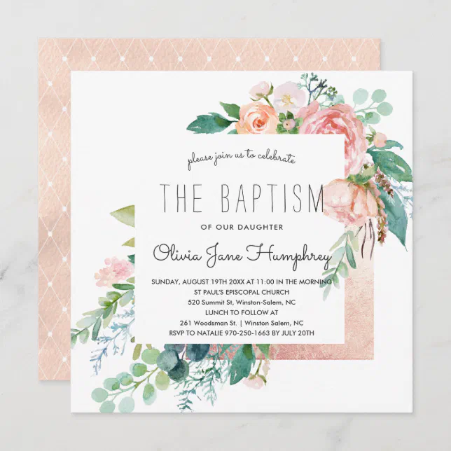 Blushing Summer Floral Baptism Invitation | Zazzle