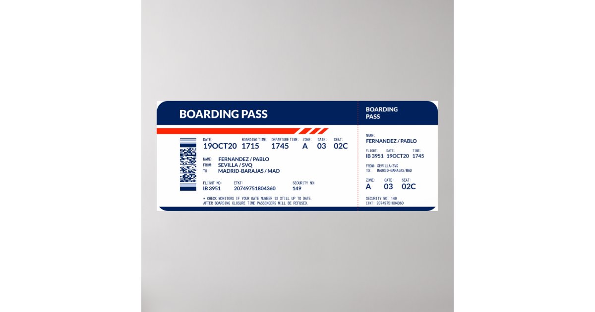 Boarding Pass - Blue & Red Poster | Zazzle