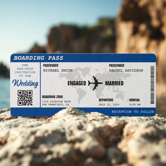 Boarding Pass Blue World Map Destination Wedding Invitation | Zazzle