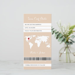 Boarding Pass Destination Beige White World Map Save The Date | Zazzle