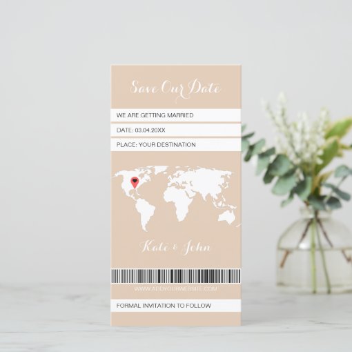 Boarding Pass Destination Beige White World Map Save The Date | Zazzle