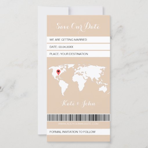 Boarding Pass Destination Beige White World Map Save The Date | Zazzle