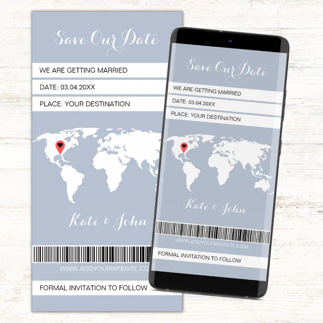 Boarding Pass Destination Dusty Blue World Map Save The Date | Zazzle