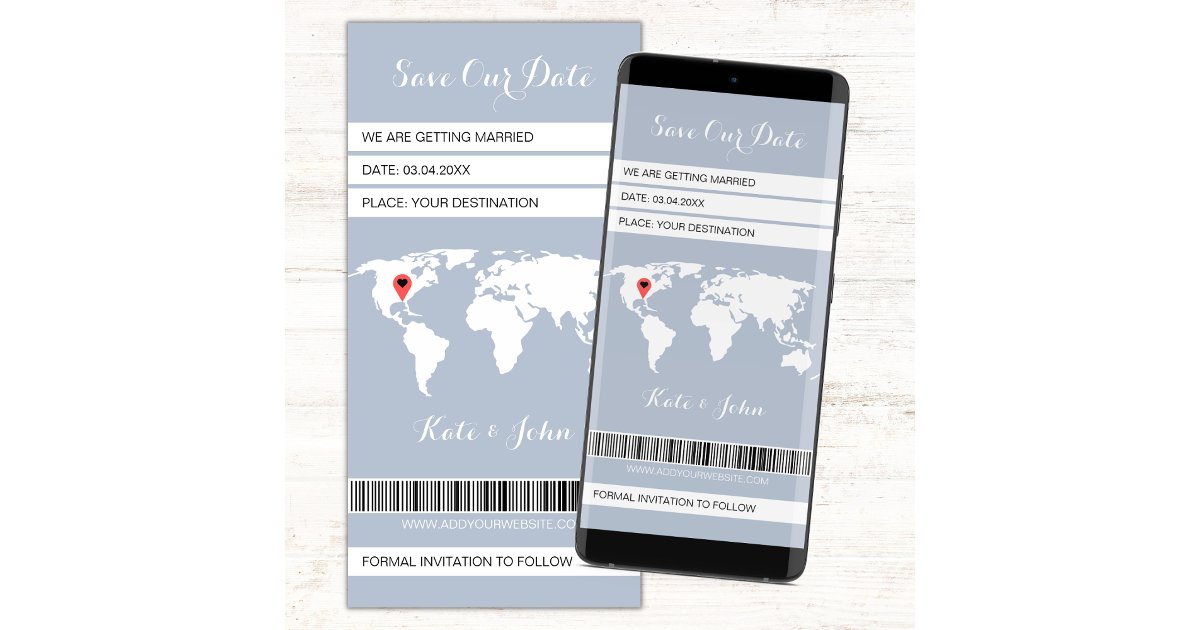 Boarding Pass Destination Dusty Blue World Map Save The Date | Zazzle