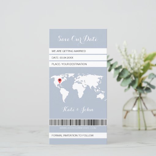 Boarding Pass Destination Dusty Blue World Map Save The Date | Zazzle
