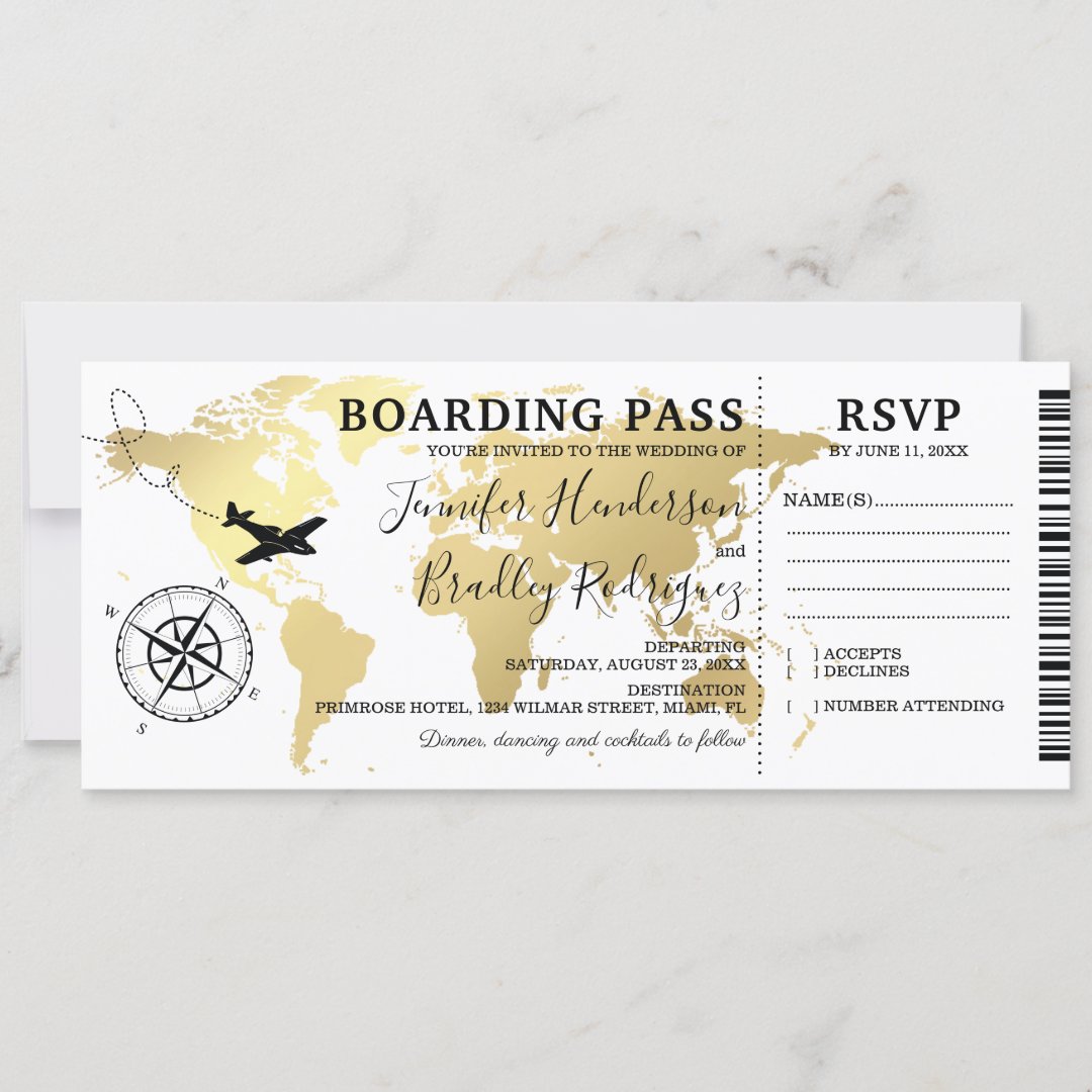 Boarding Pass Destination Wedding World Map Invitation | Zazzle