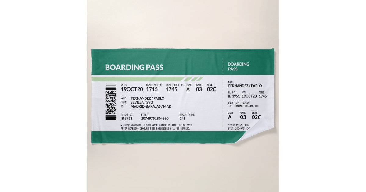Boarding Pass - Green Beach Towel | Zazzle
