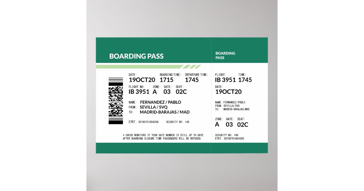 Boarding Pass - Green Poster | Zazzle