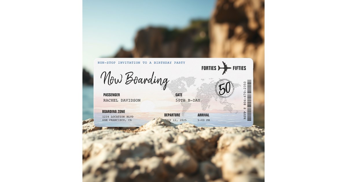 Boarding Pass Ocean Sunset 50th Birthday Party Invitation | Zazzle