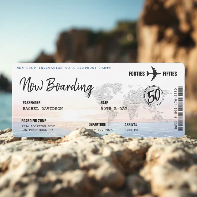Boarding Pass Ocean Sunset 50th Birthday Party Invitation | Zazzle