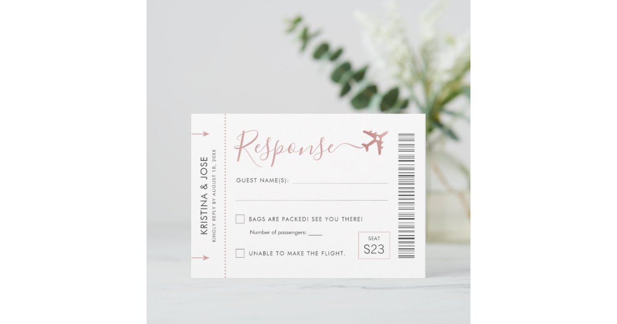 Boarding Pass Plane Ticket Rose Gold Destination RSVP Card | Zazzle
