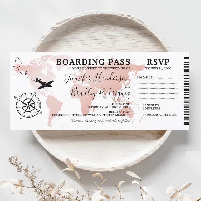 Boarding Pass Rose Gold Wedding World Map Invitati Invitation | Zazzle