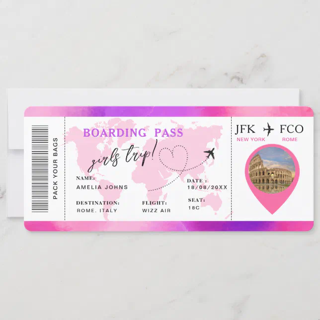 Boarding Pass Surprise Airline Ticket Girls Trip Invitation | Zazzle