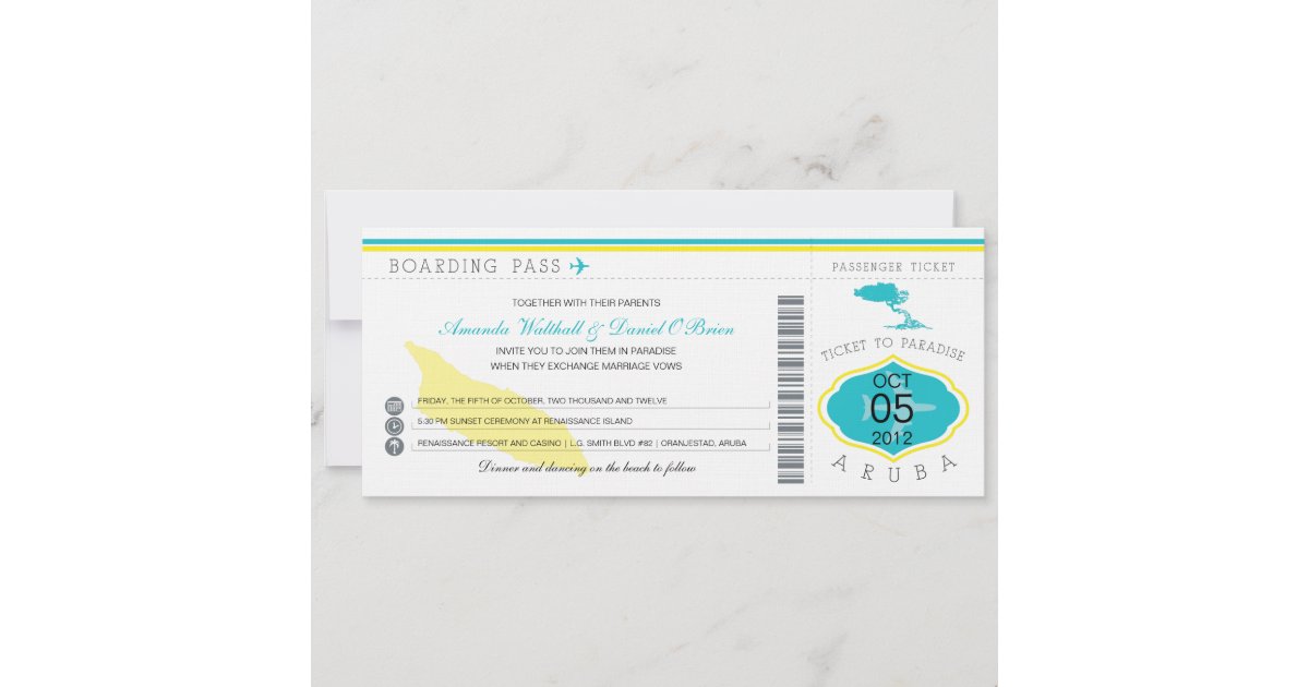 Boarding Pass to Aruba Wedding Invitation | Zazzle