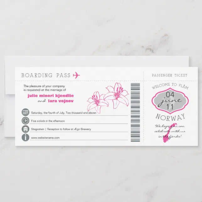 Boarding Pass to Norway Wedding Invitation | Zazzle