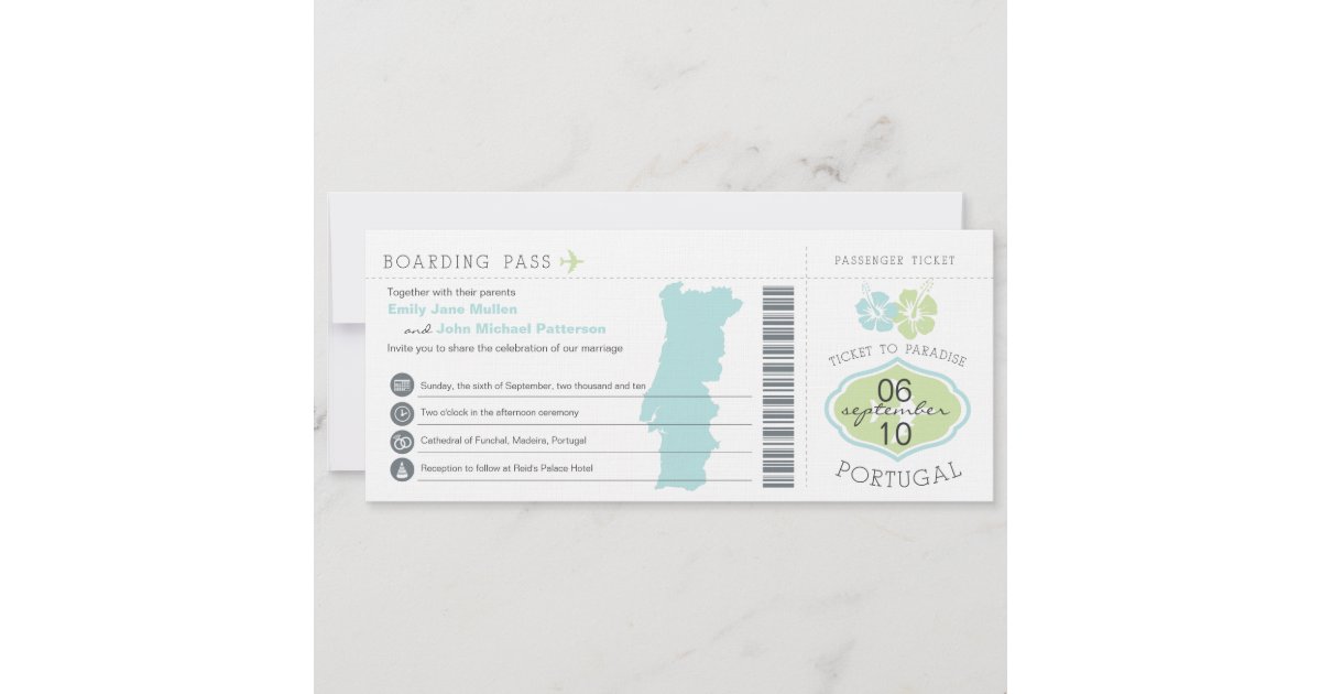Boarding Pass to Portugal Wedding Invitation | Zazzle