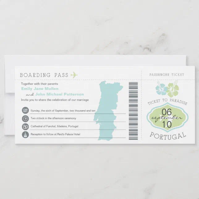 Boarding Pass to Portugal Wedding Invitation | Zazzle