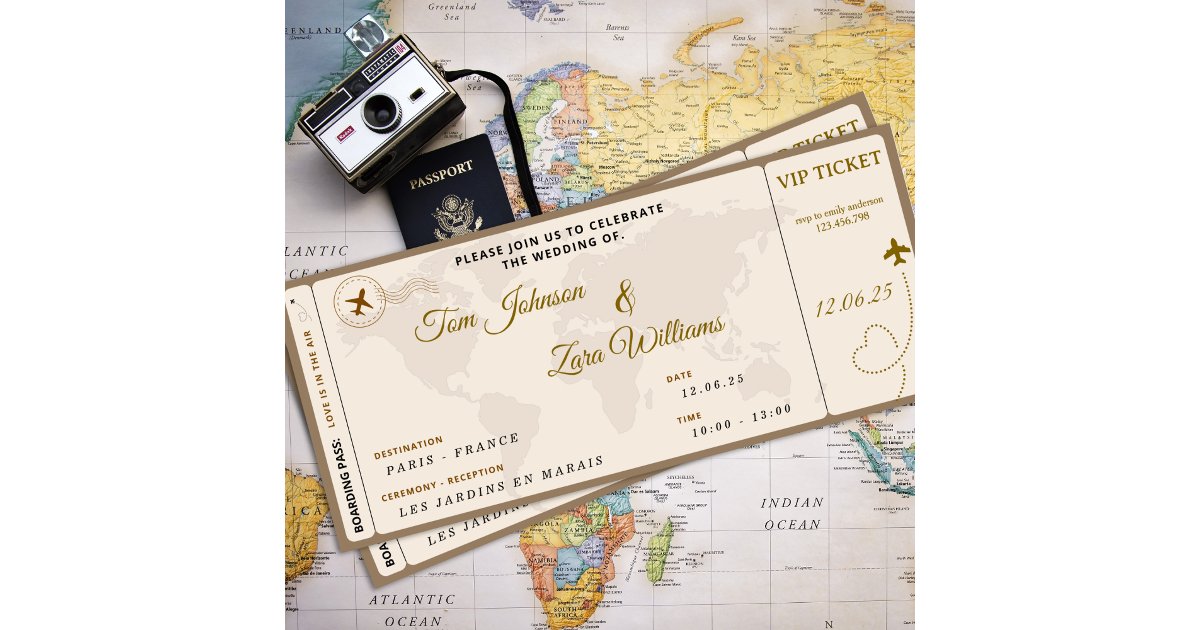 Boarding Pass Wedding VIP Airline Ticket Beige Invitation | Zazzle